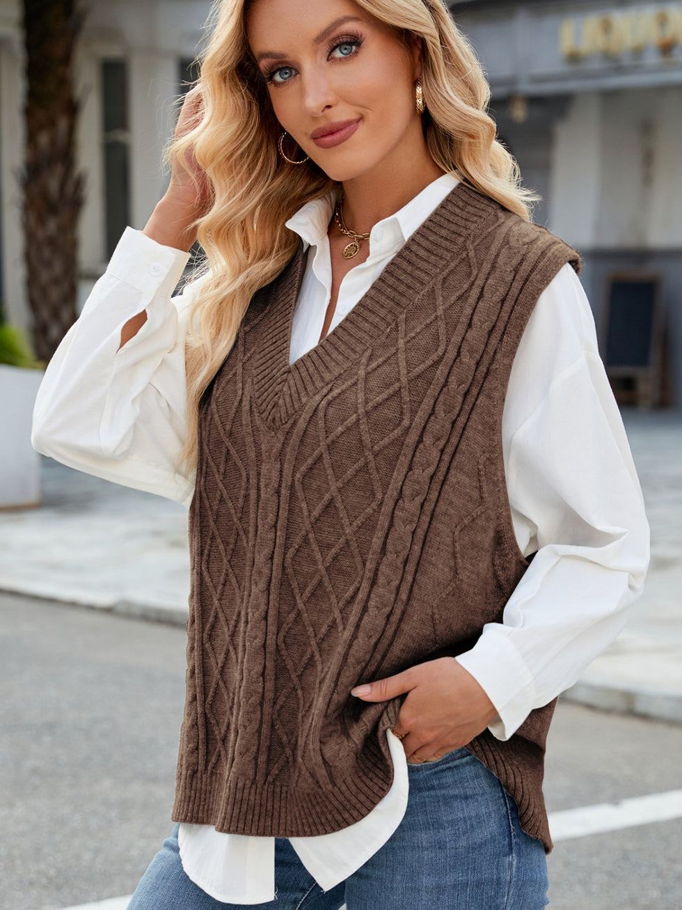 Cable Knit V-Neck Sweater Vest – Charming Charlie