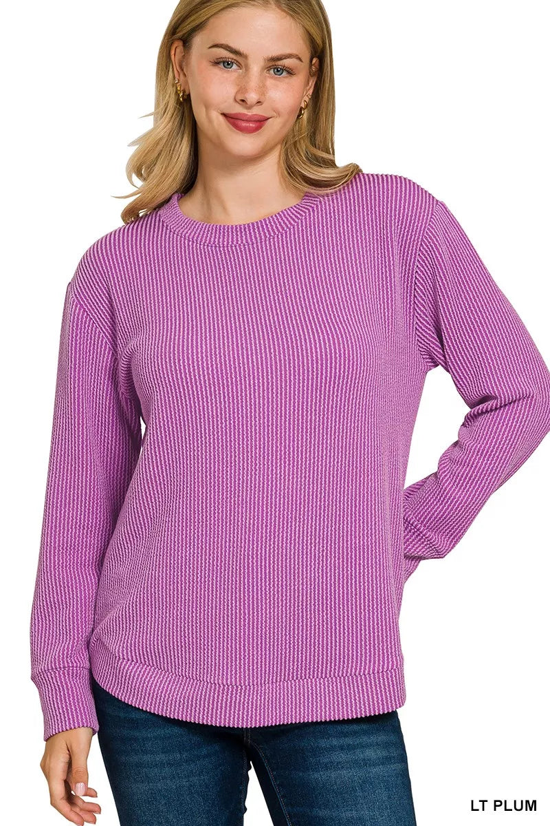 Zenana Full Size Raised Rib Round Neck Long Sleeve Top Plus Size ...