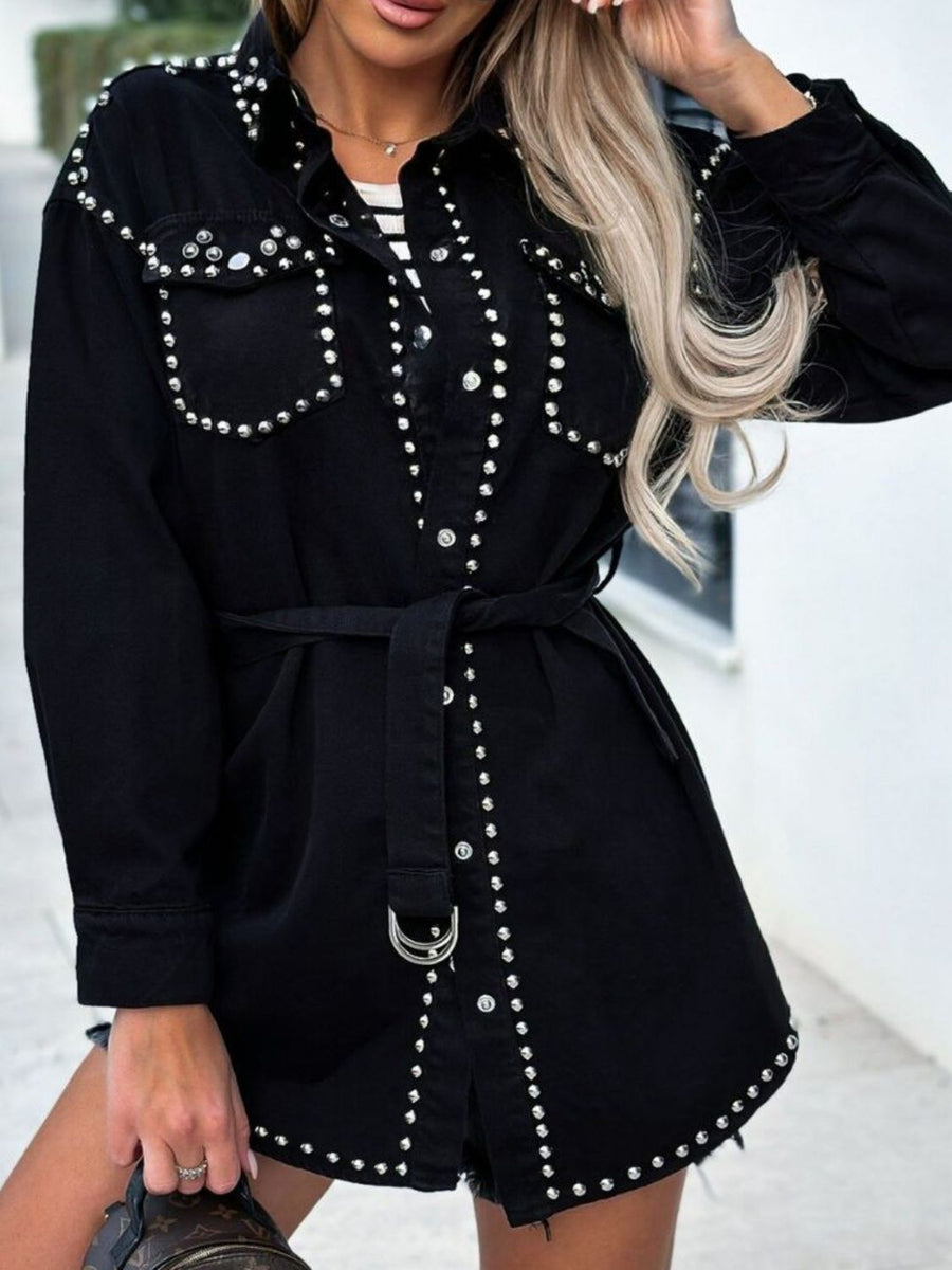 Studded Snap Down Long Sleeve Denim Shacket – Charming Charlie