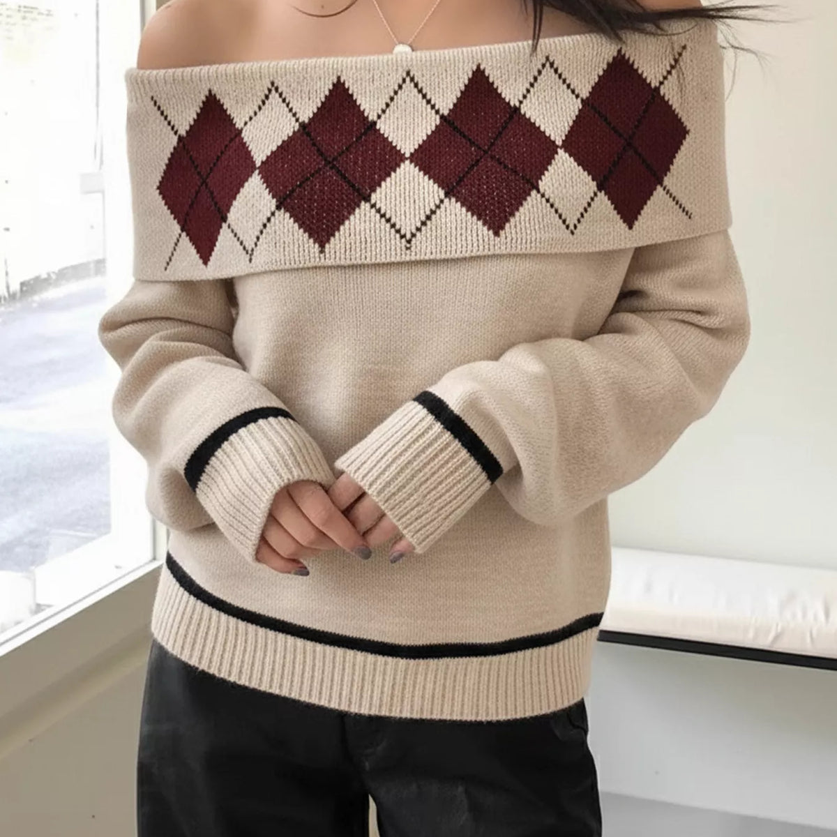 Off-Shoulder Argyle Pattern Sweater – Charming Charlie