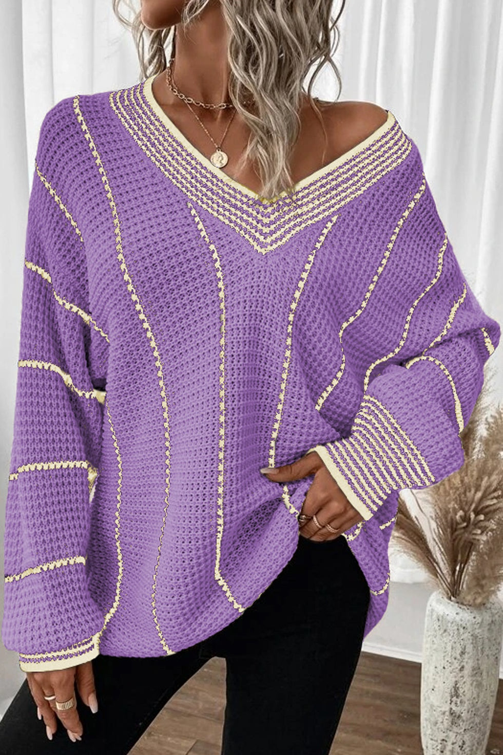 Striped V-Neck Dropped Shoulder Sweater – Charming Charlie