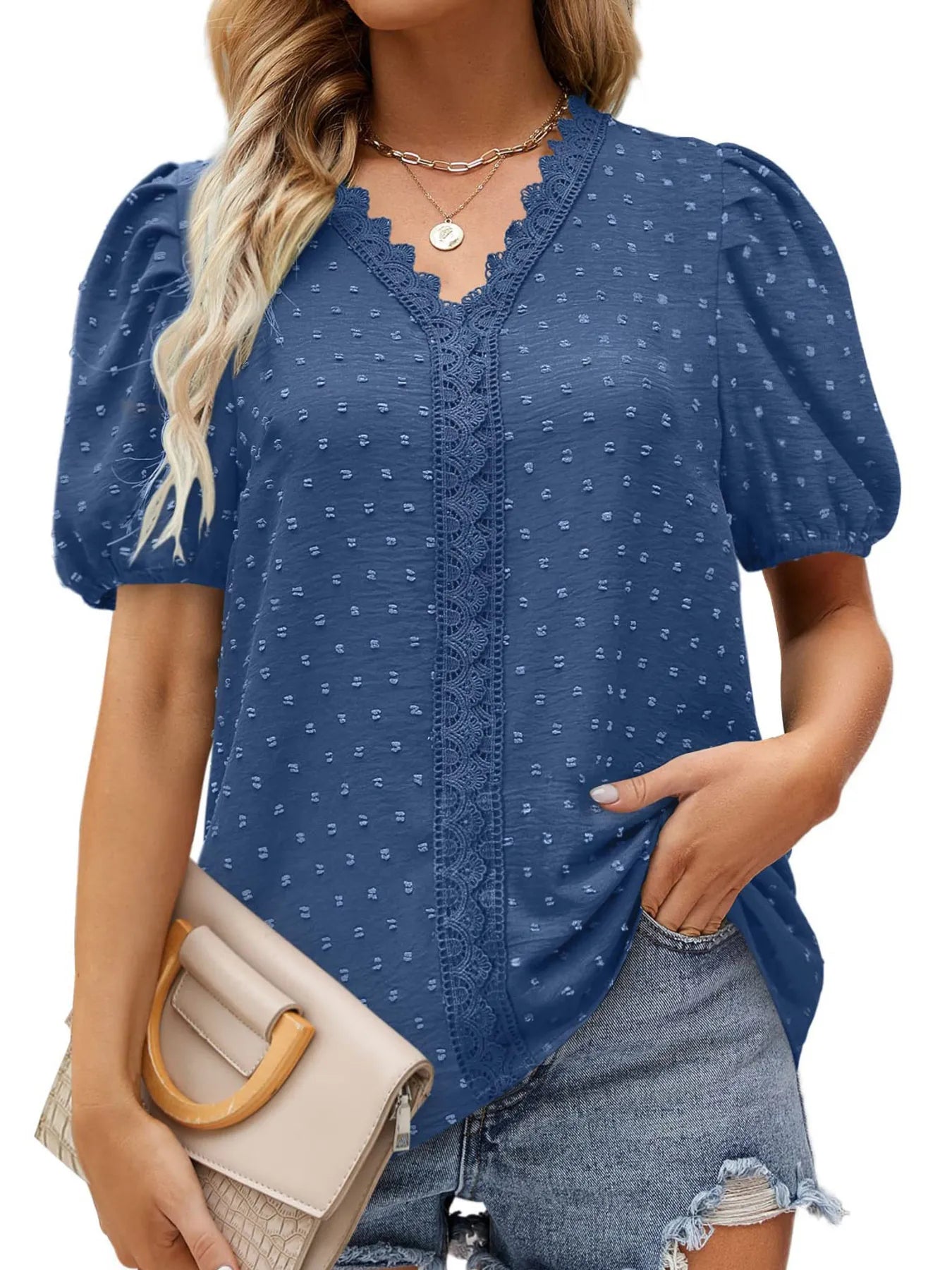 Puff Sleeve Swiss Dot Lace Trim Blouse – Charming Charlie