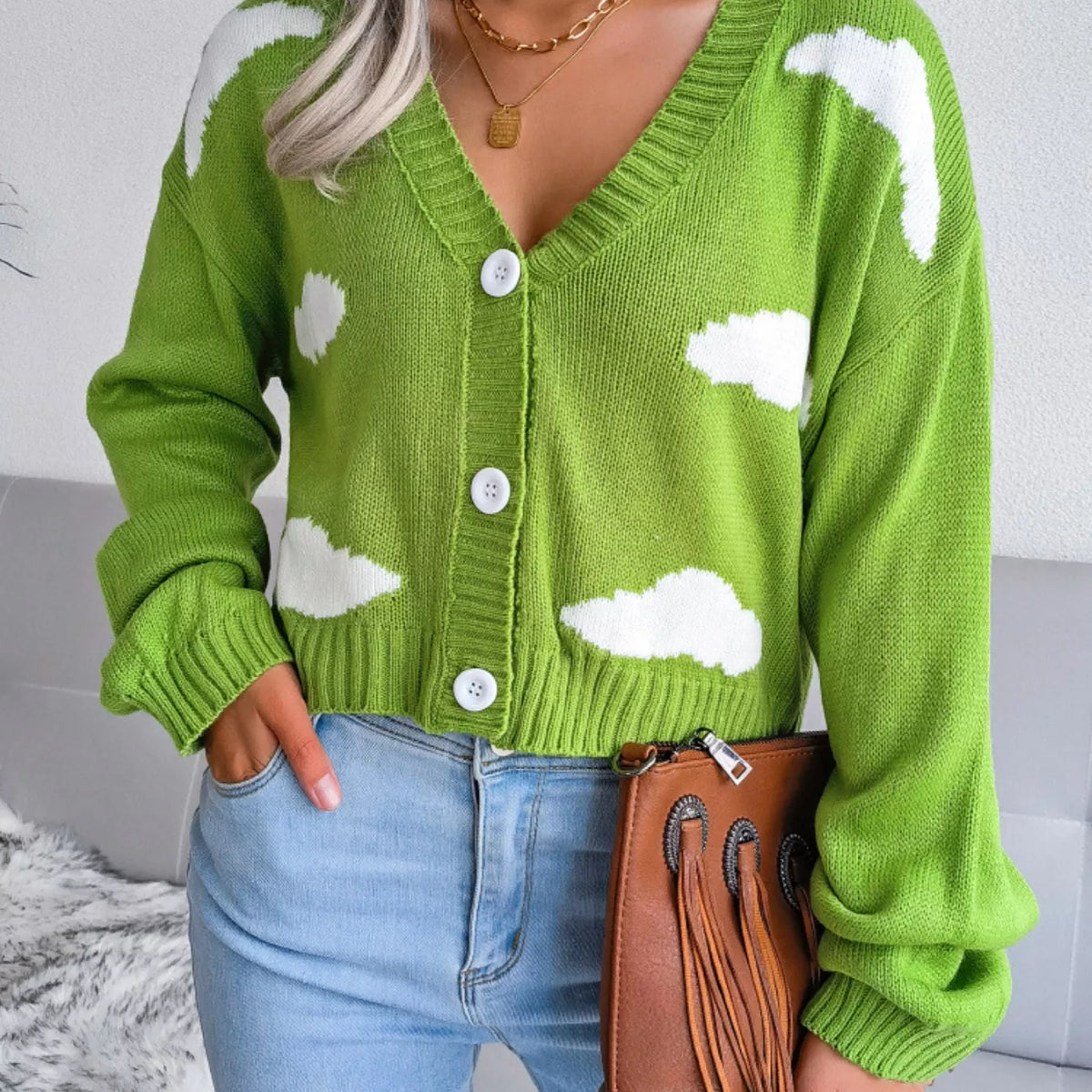 Cloud Pattern Button-Up Cropped Cardigan – Charming Charlie