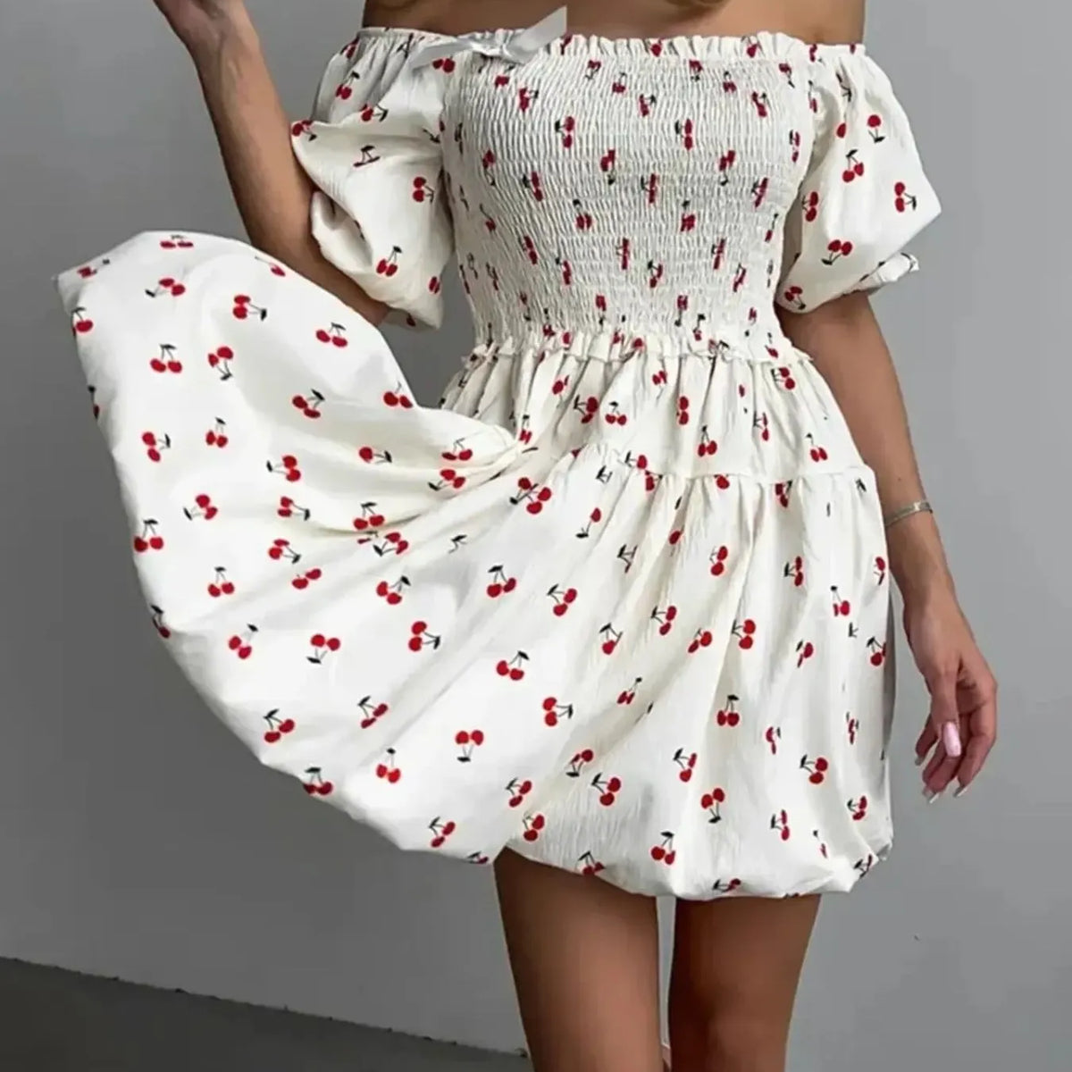 Puff Sleeve Cherry Print Smocked Mini Dress – Charming Charlie
