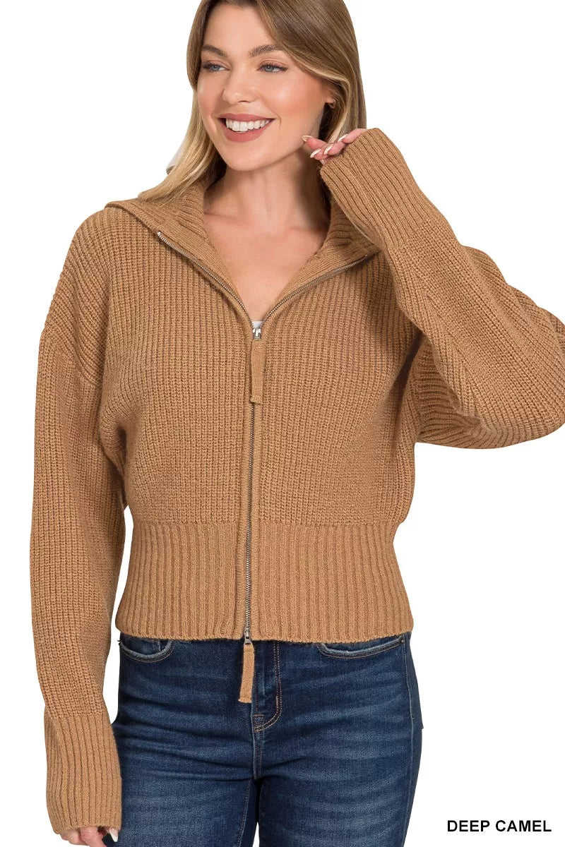 Zenana Ribbed Collared Zip Up Sweater Cardigan – Charming Charlie