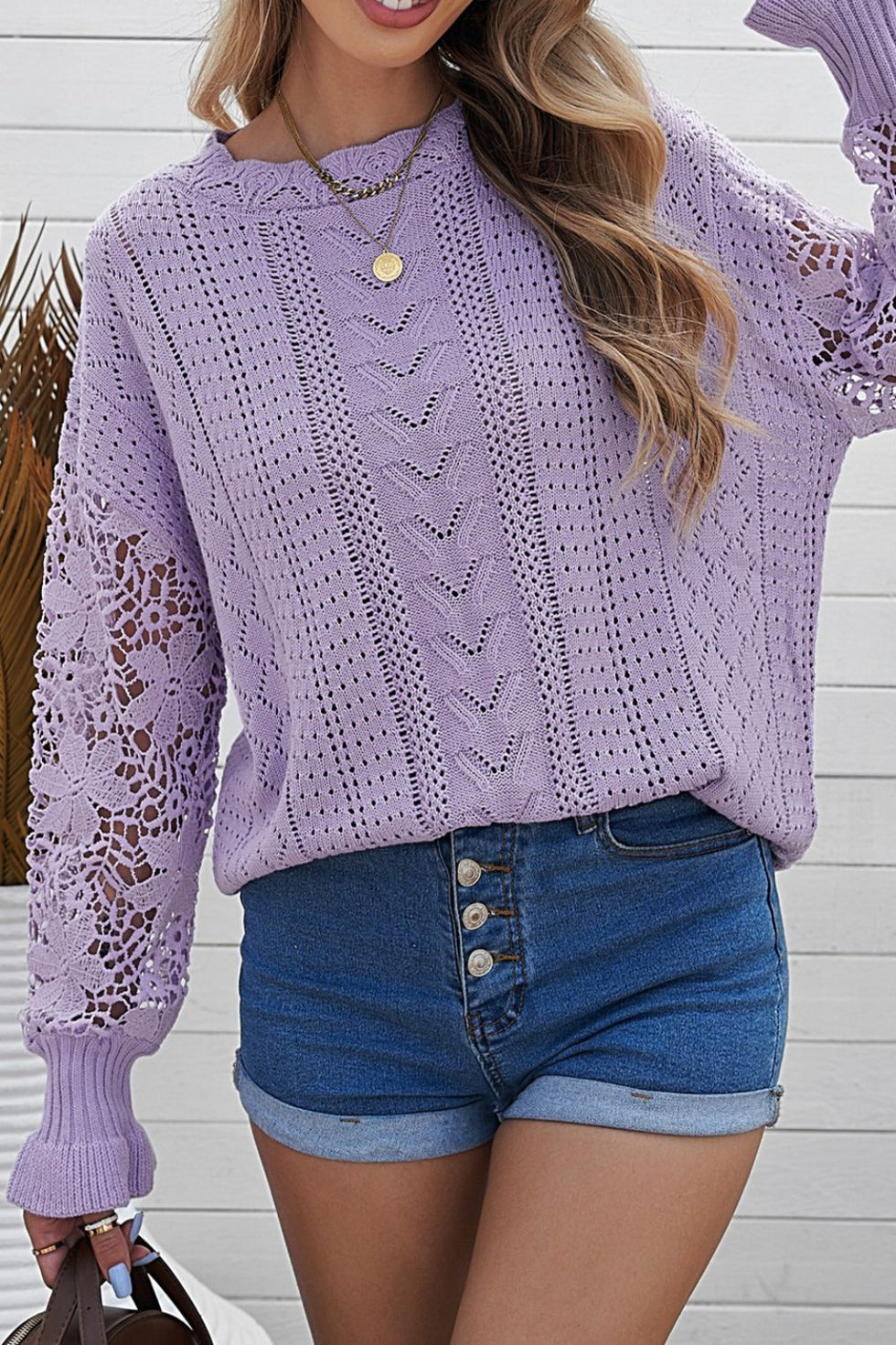 Openwork Round Neck Long Sleeve Sweater – Charming Charlie