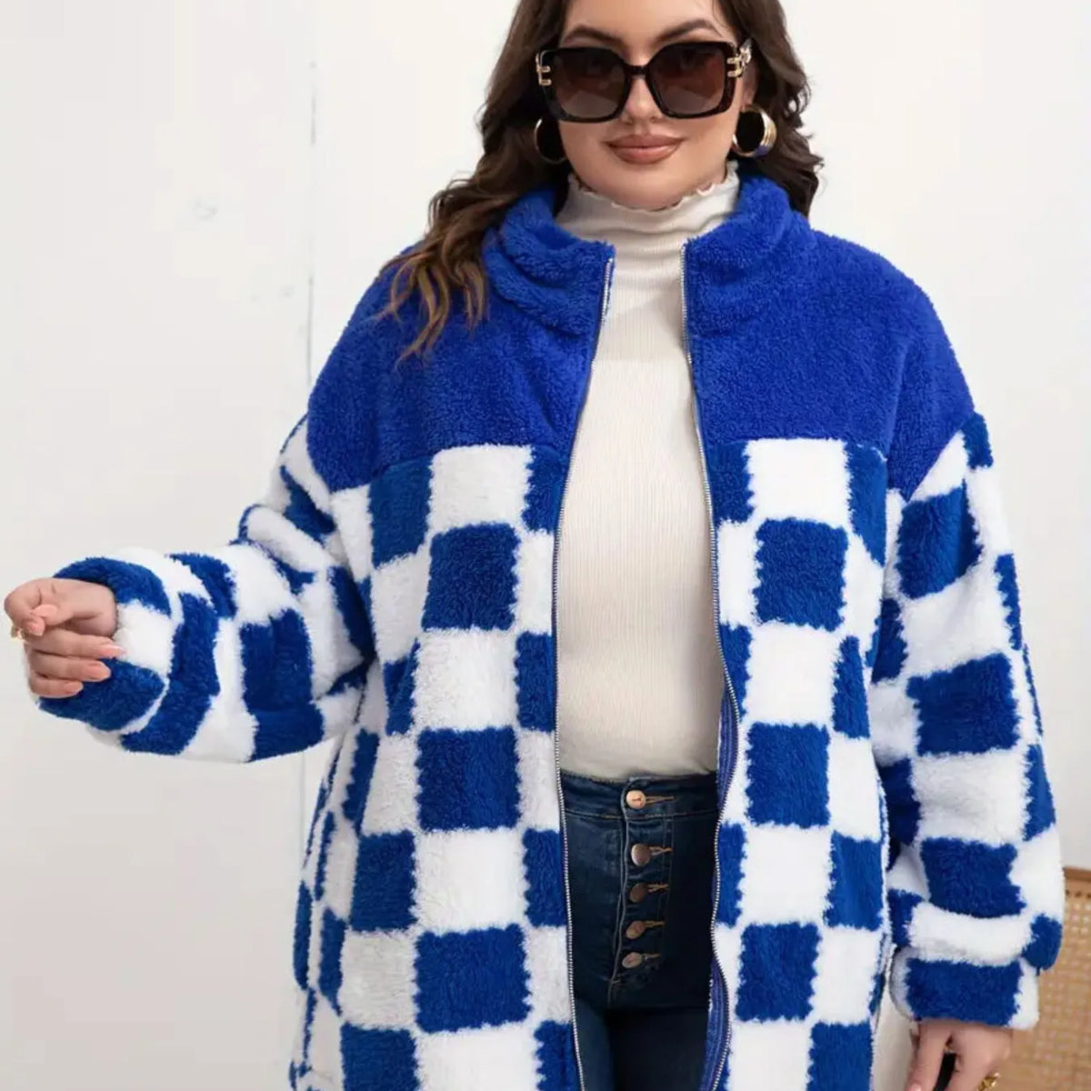 Checkered Fleece Oversized Zip Up Jacket – Charming Charlie