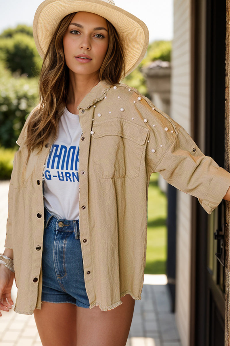 Raw Hem Pearl Trim Dropped Shoulder Denim Jacket – Charming Charlie