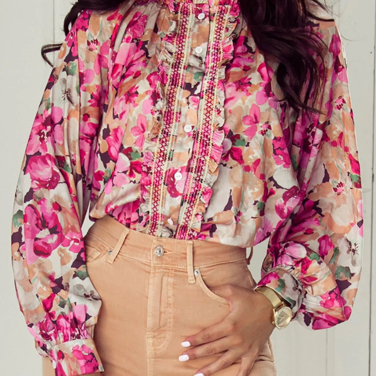 Floral Print Ruffle Trim Long Sleeve Shirt – Charming Charlie