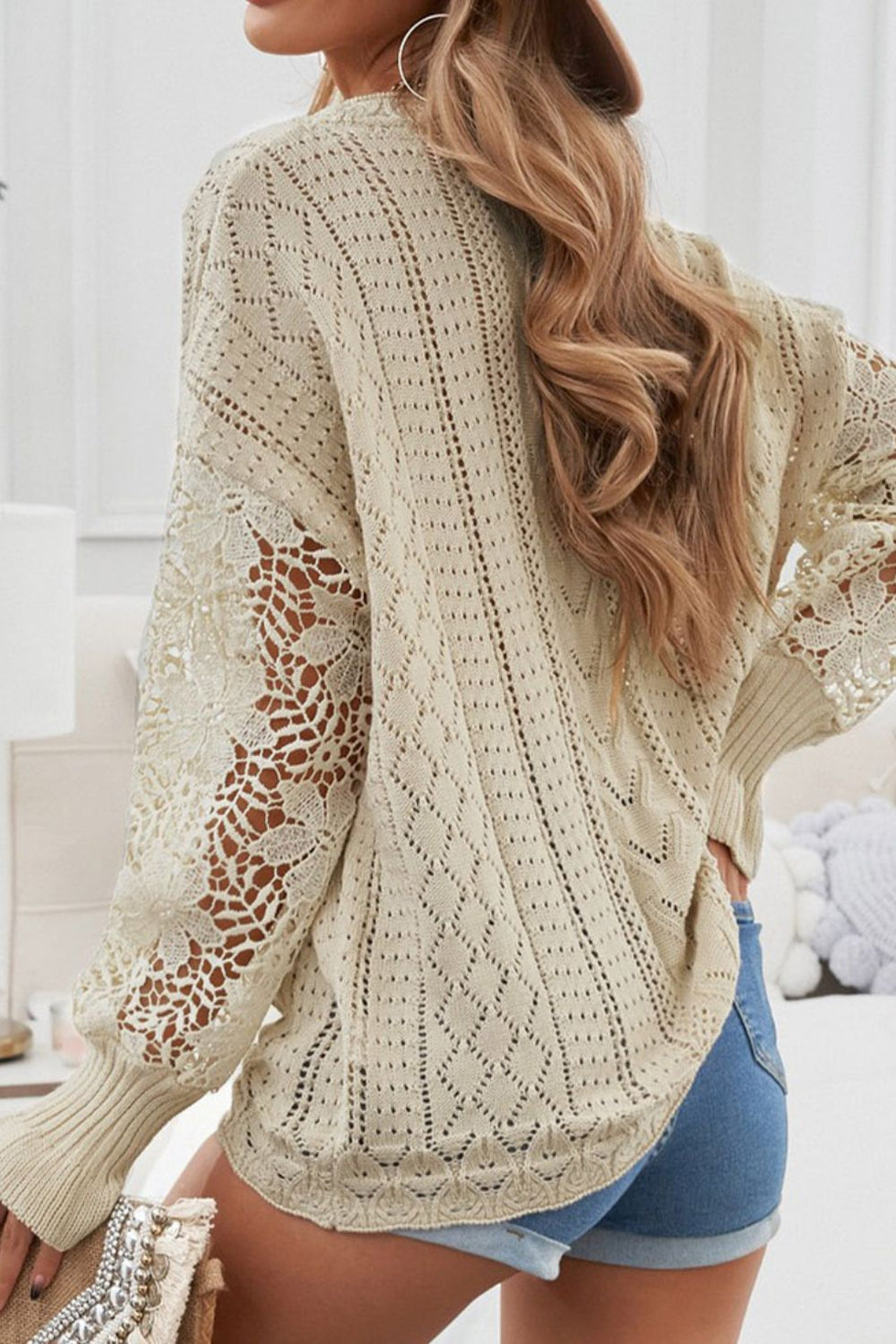 Openwork Round Neck Long Sleeve Sweater – Charming Charlie