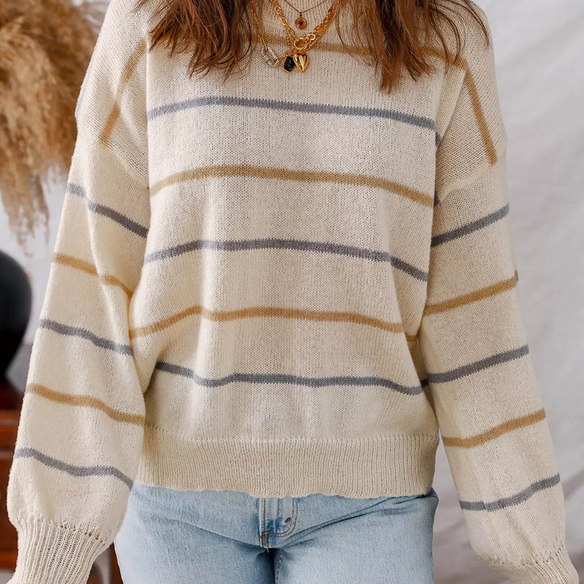 Stripe Striped Ribbed Edge Drop Shoulder Sweater – Charming Charlie