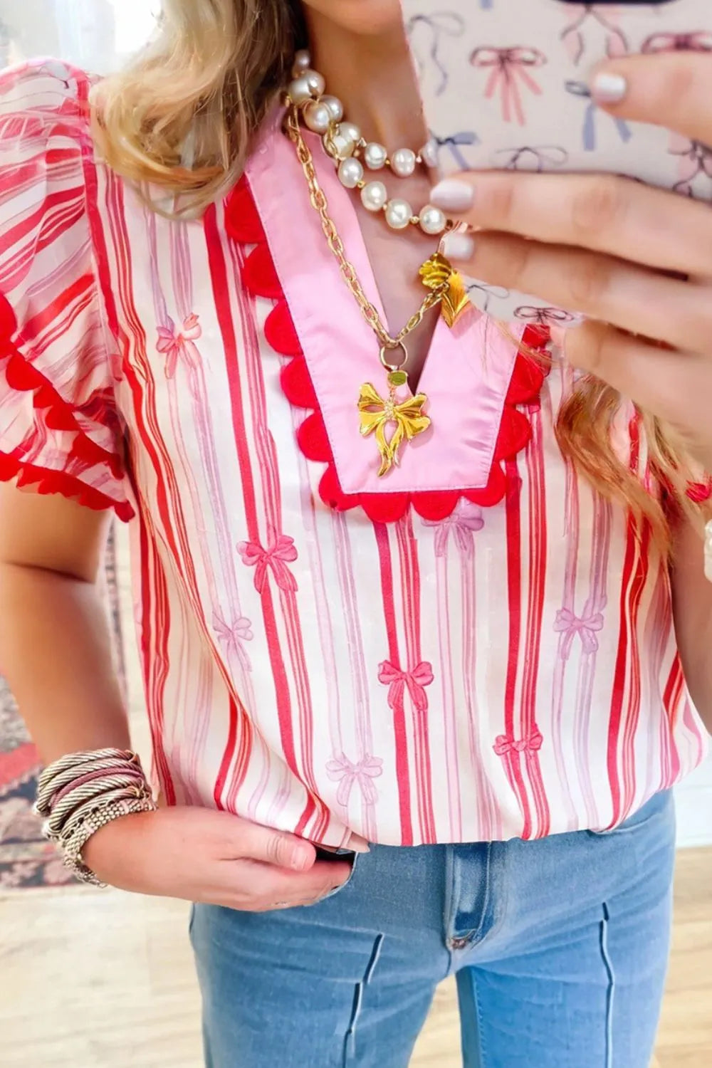 Ric-Rac Trim Ruffled Sleeve Striped Printed Blouse – Charming Charlie