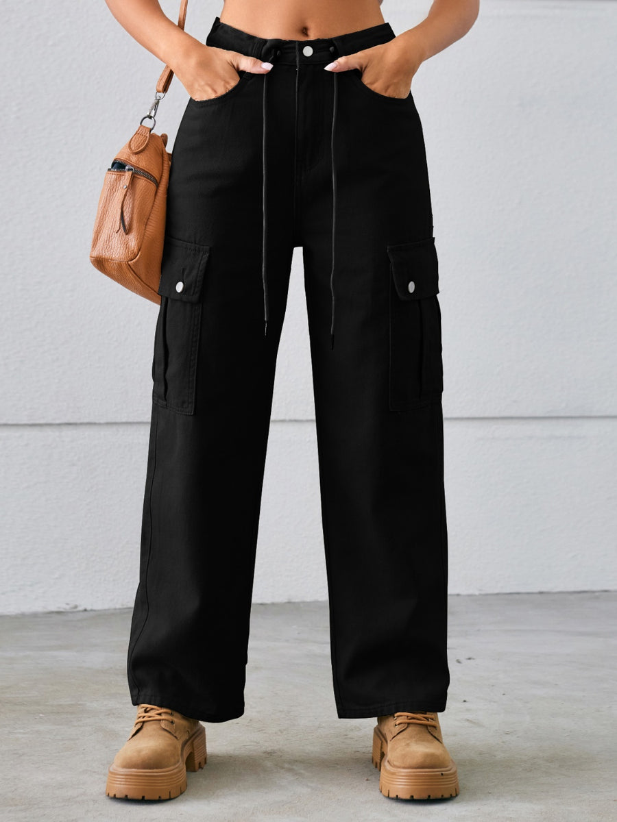 Drawstring Mid-Rise Waist Straight Cargo Jeans – Charming Charlie