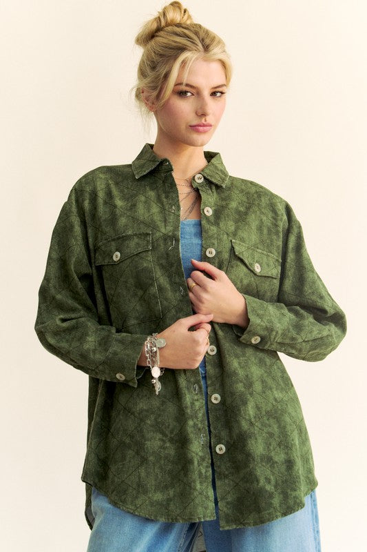 Davi & Dani Curved Hem Diamond Quilted Button Up Denim Shacket ...