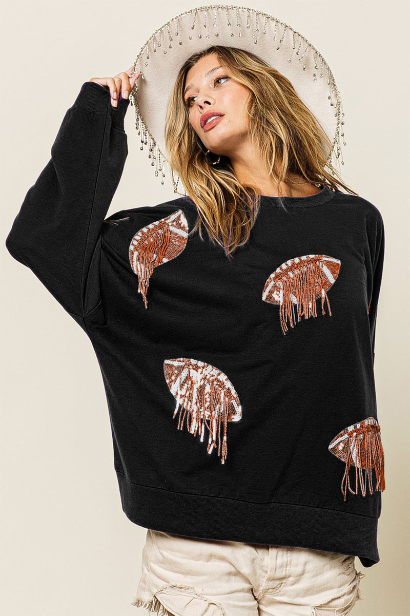 BiBi Sequin Fringe Football Patch Round Neck Sweatshirt – Charming Charlie