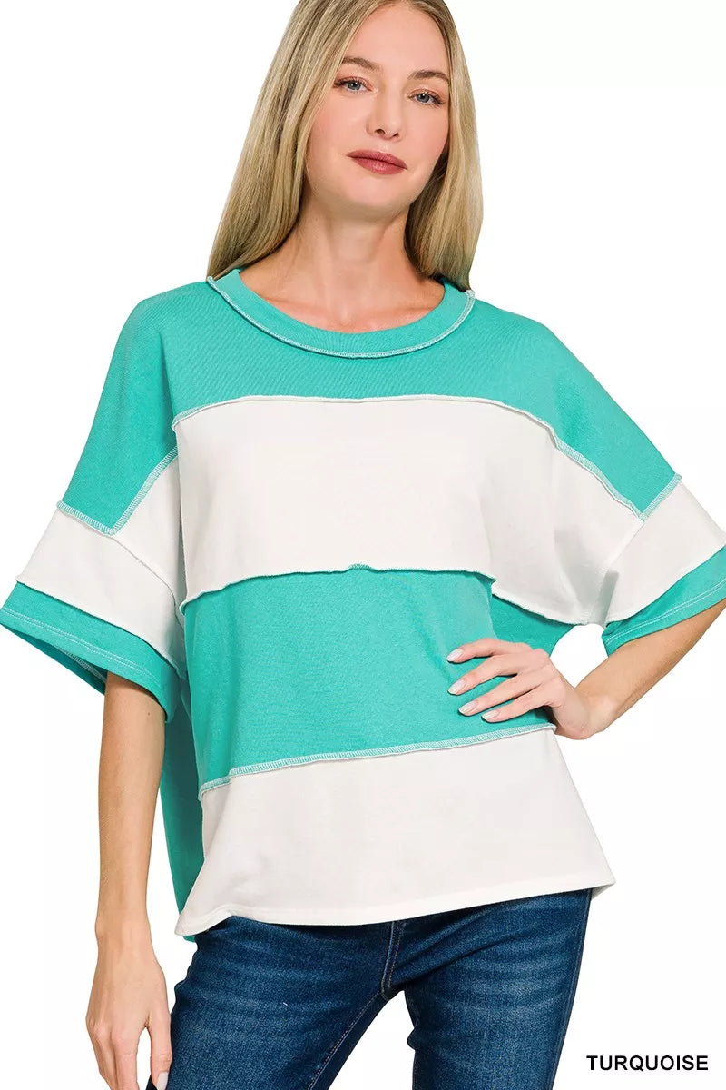 Zenana French Terry Color Block Exposed Seam Top – Charming Charlie