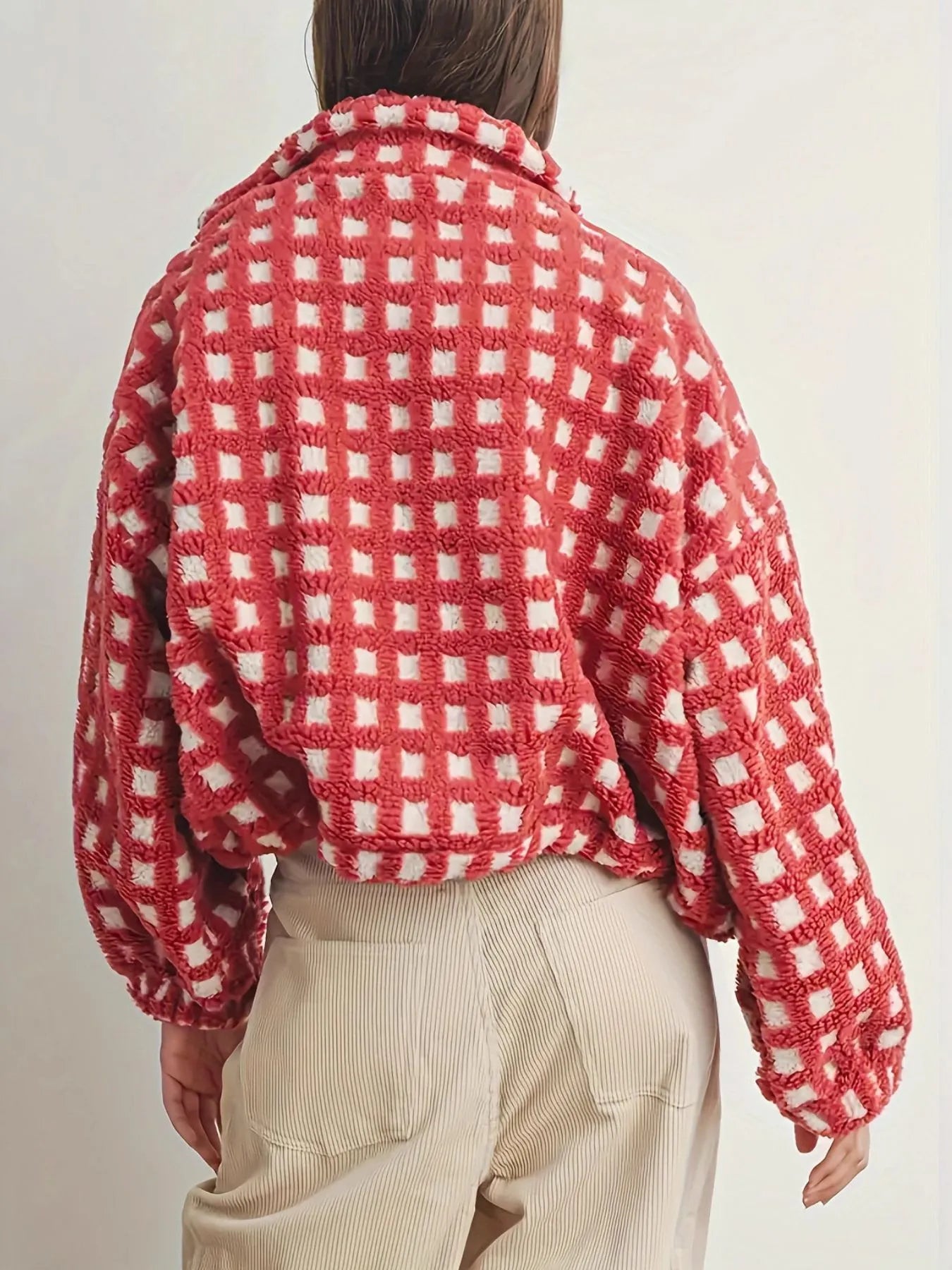 Fleece Checkered Puff Sleeve Bomber Jacket – Charming Charlie