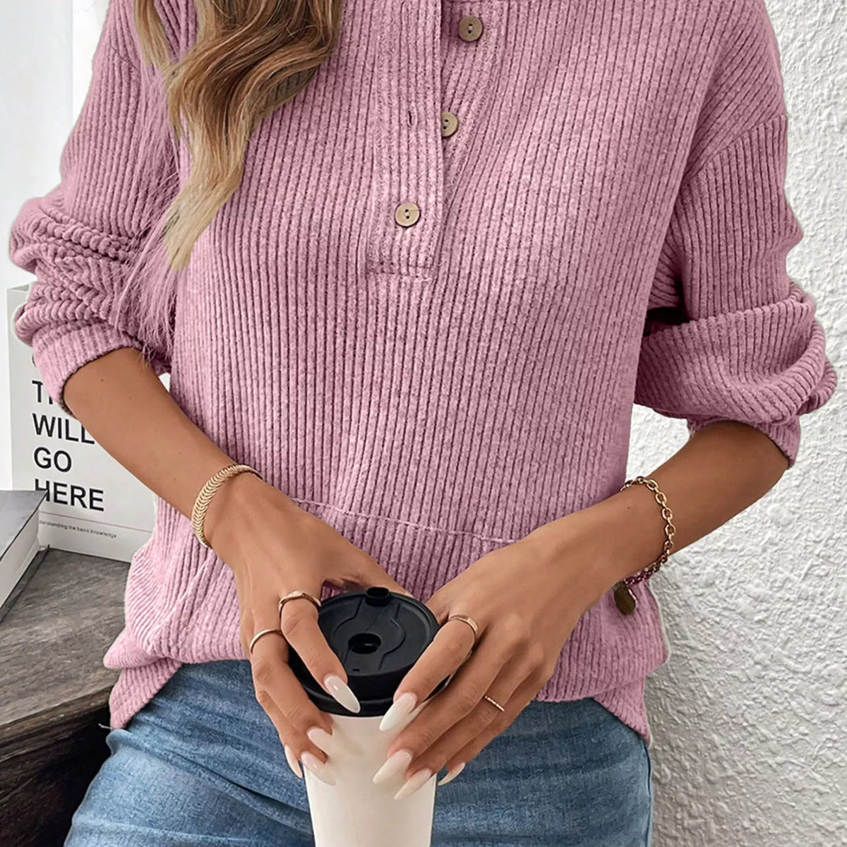 Ribbed Texture Drop Shoulder Henley Top – Charming Charlie