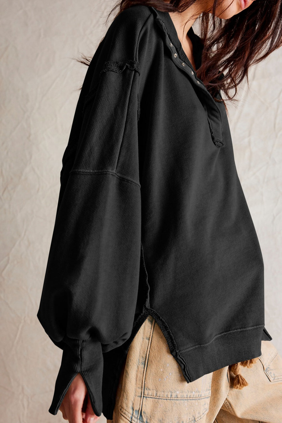 Exposed Seam Side Slit Long Sleeve Sweatshirt – Charming Charlie