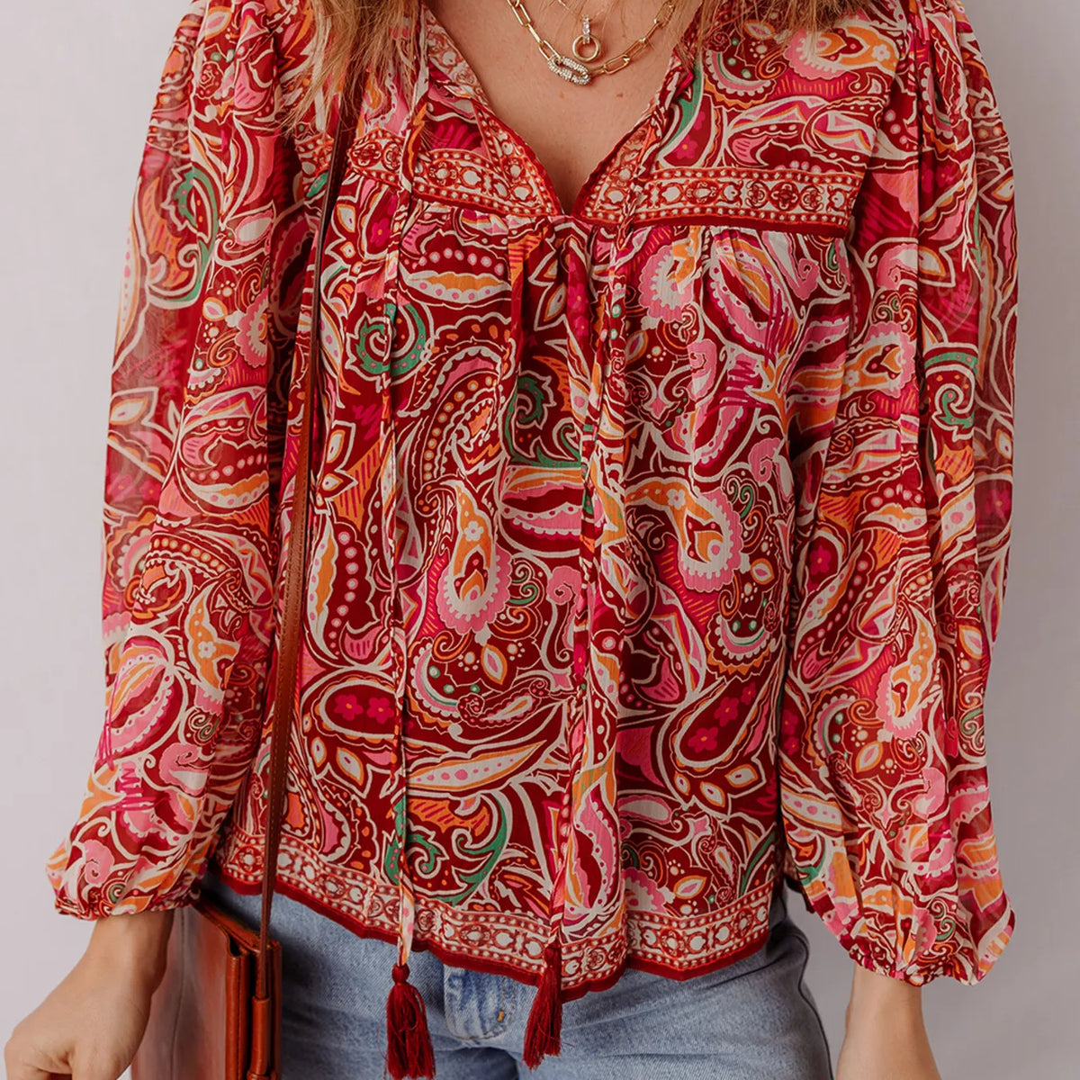 Multicolour Ethnic Paisley Print Tassel Tie Puff Sleeve Boho Blouse ...