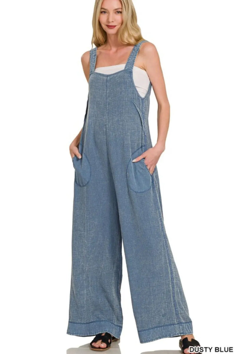 Zenana Double Gauze Washed Wide Leg Overalls – Charming Charlie