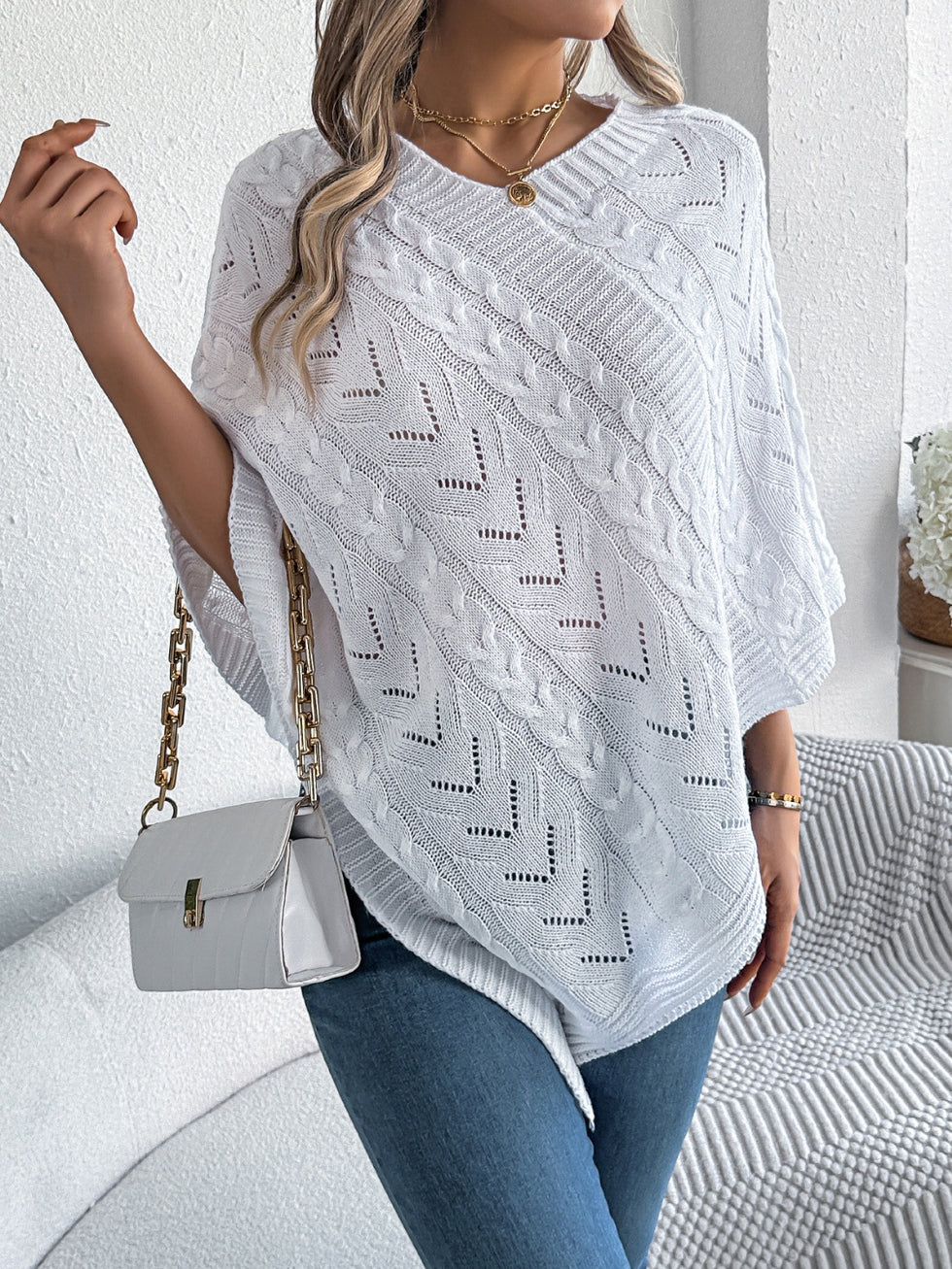 Cable-Knit Openwork Three-Quarter Sleeve Sweater – Charming Charlie