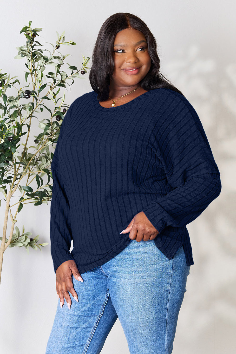 Basic Bae Full Size Ribbed Round Neck Slit Knit Top – Charming Charlie
