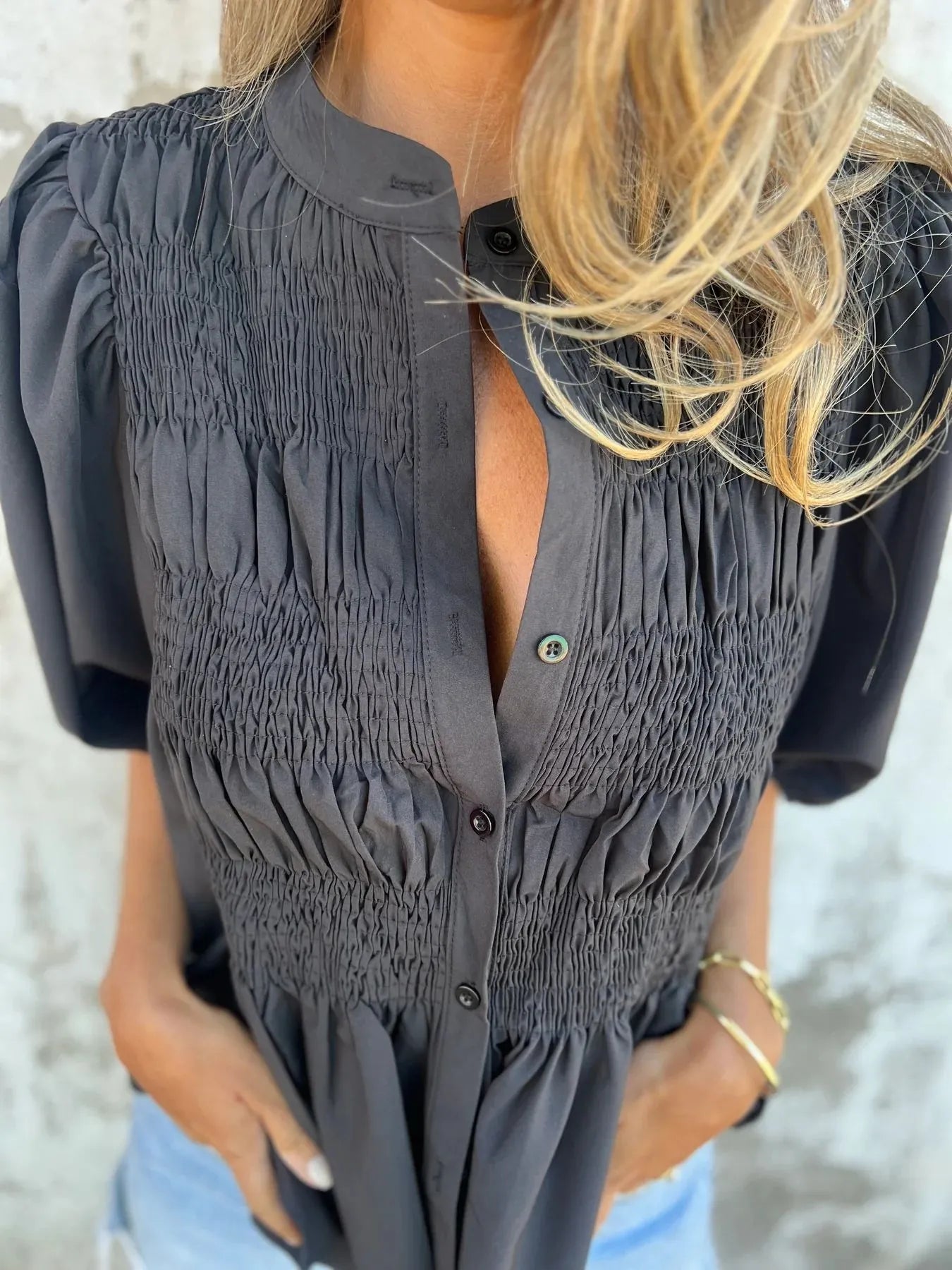 Full Size Smocked Puff Sleeve Blouse Plus Size – Charming Charlie