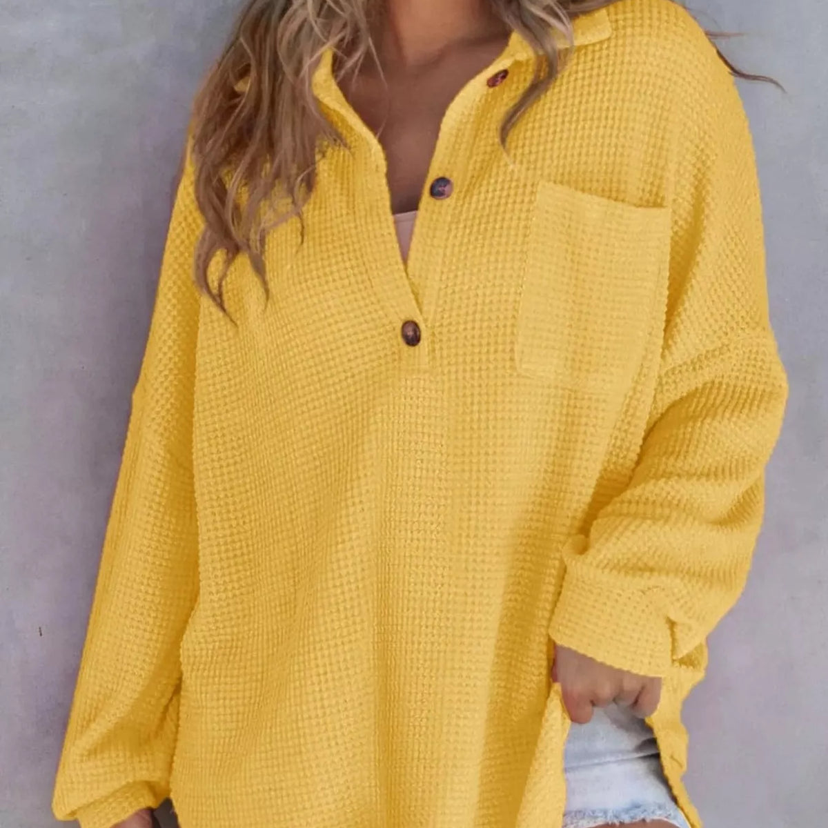 Casual Waffle Knit Button Detail Blouse – Charming Charlie
