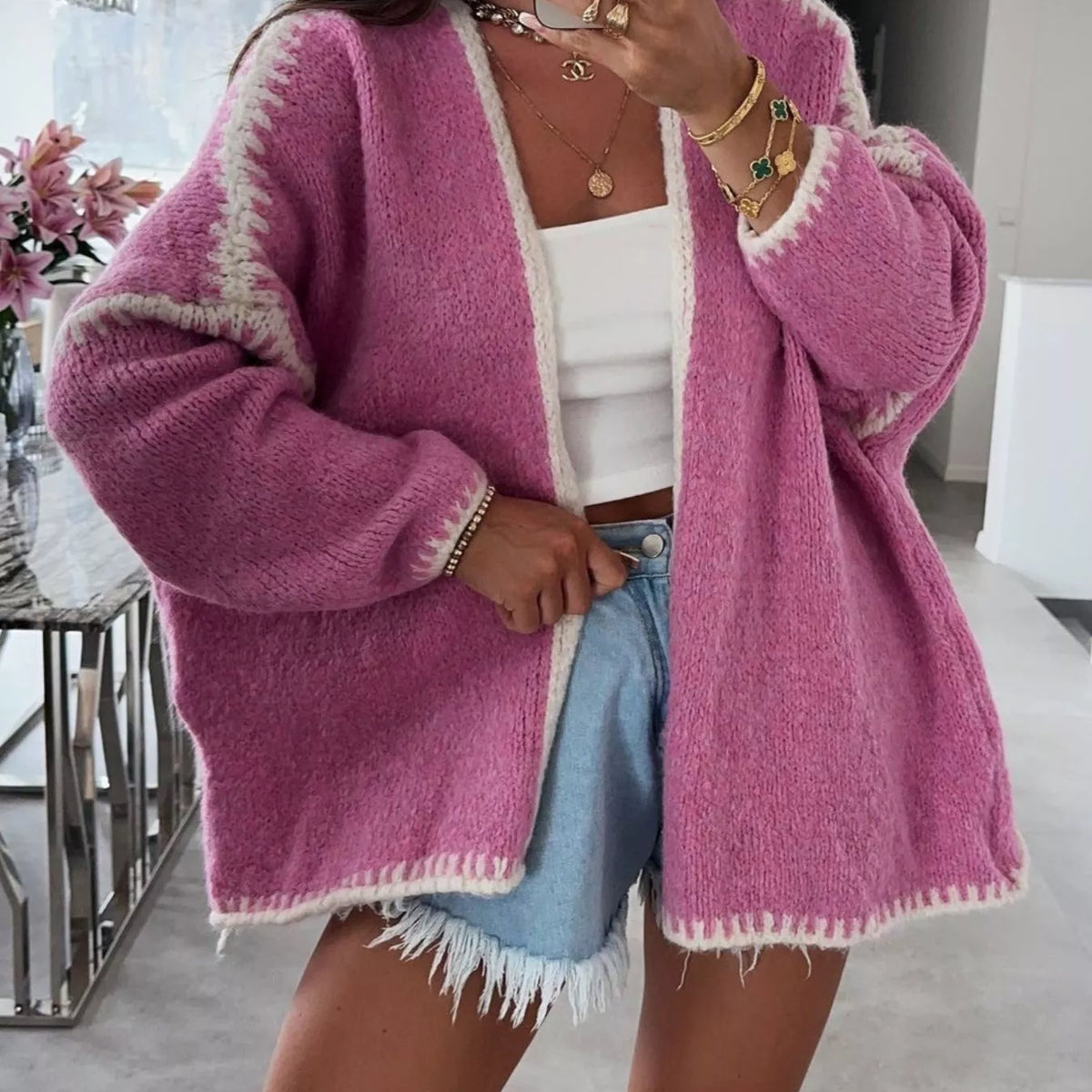Contrast Trim Open Front Cardigan – Charming Charlie