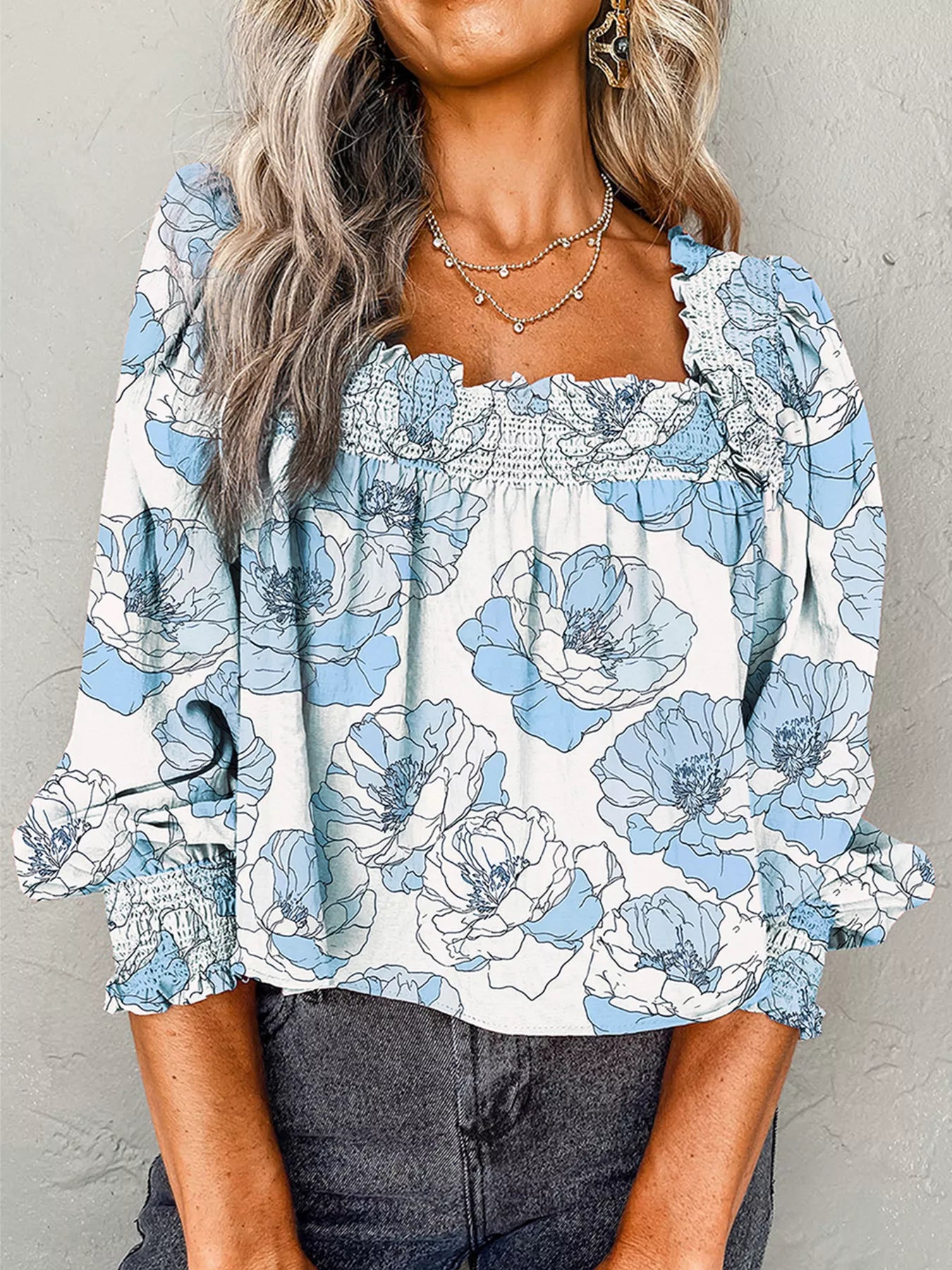 Floral Print Frilly Smocked Square Neck Long Sleeve Blouse – Charming ...