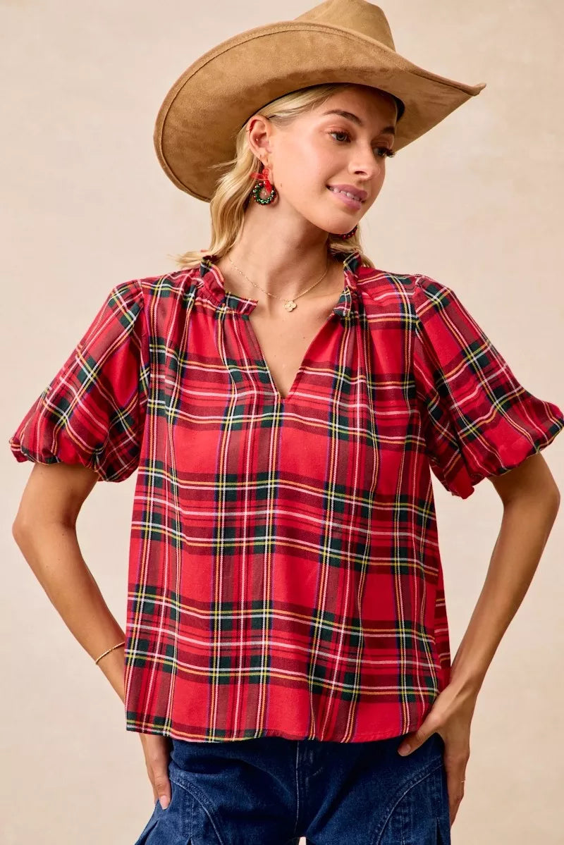 BiBi Christmas Plaid Short Sleeves Ruffled Blouse – Charming Charlie