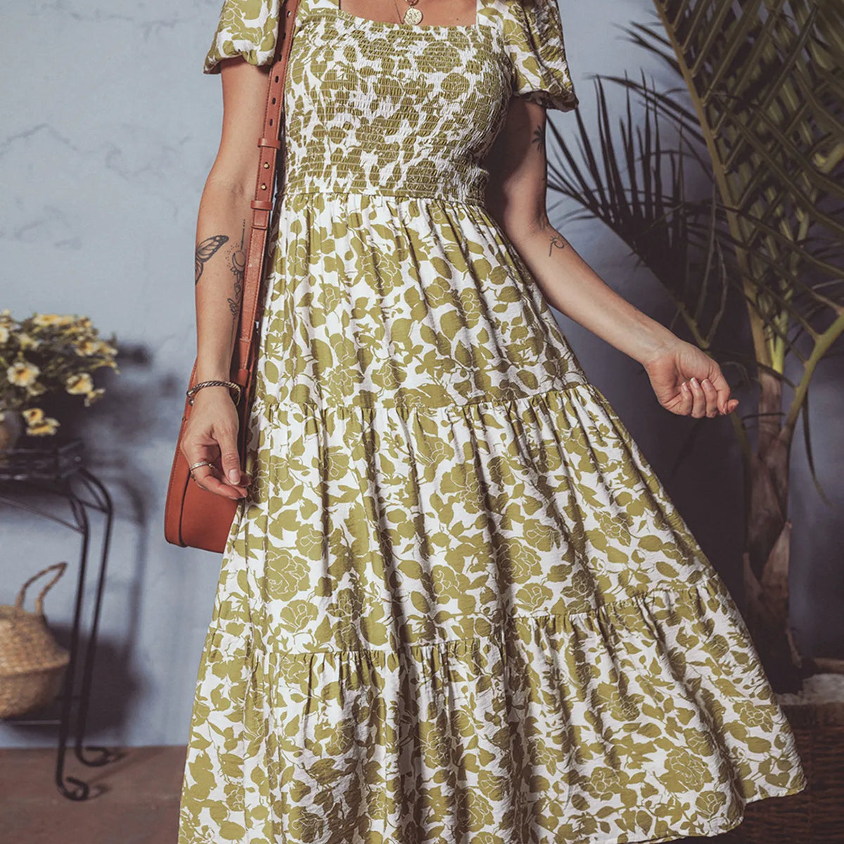 Boho Floral Square Neck Smocked Bust Puff Sleeve Tiered Dress ...