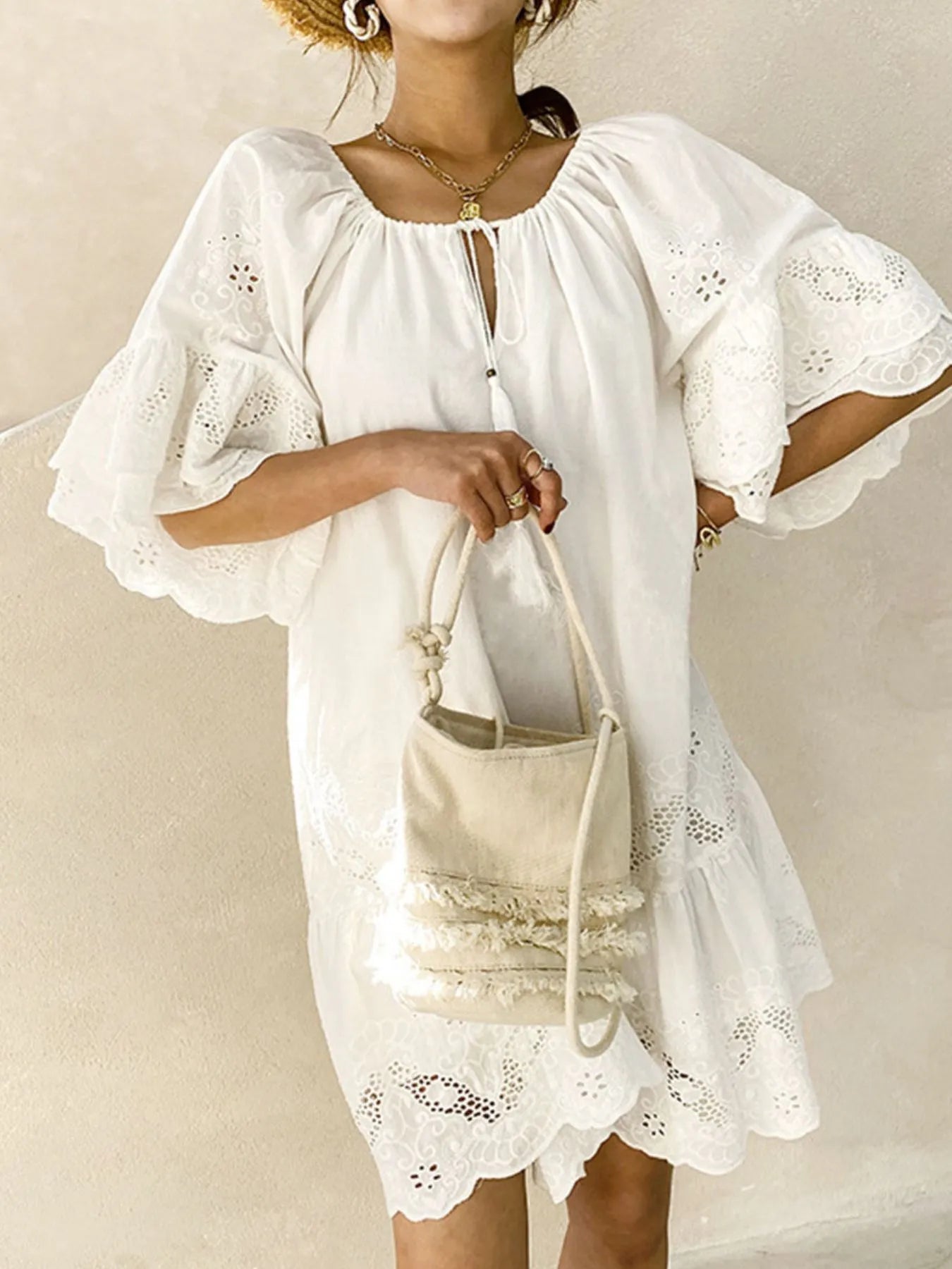 Eyelet Embroidered Tassel Tie Neck Dress – Charming Charlie