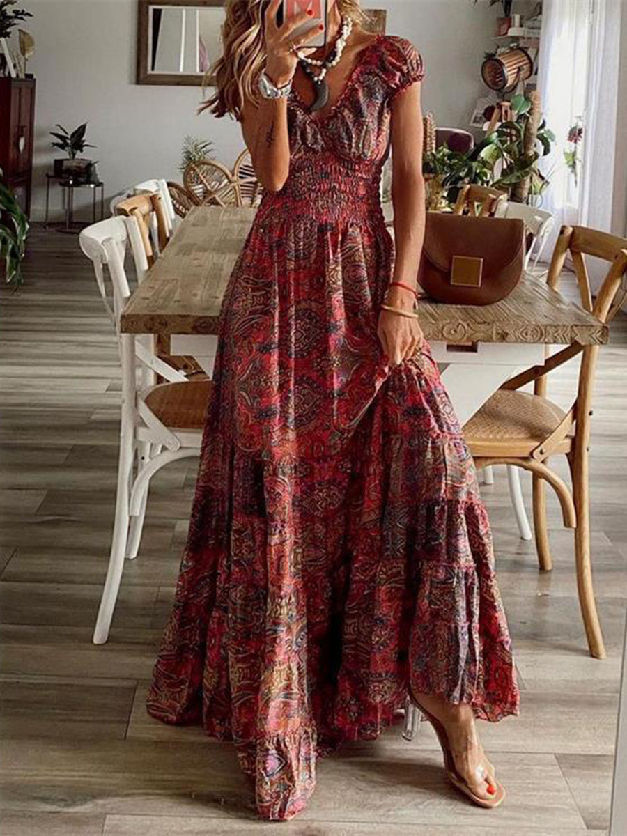 Full Size Smocked Printed V-Neck Short Sleeve Dress – Charming Charlie