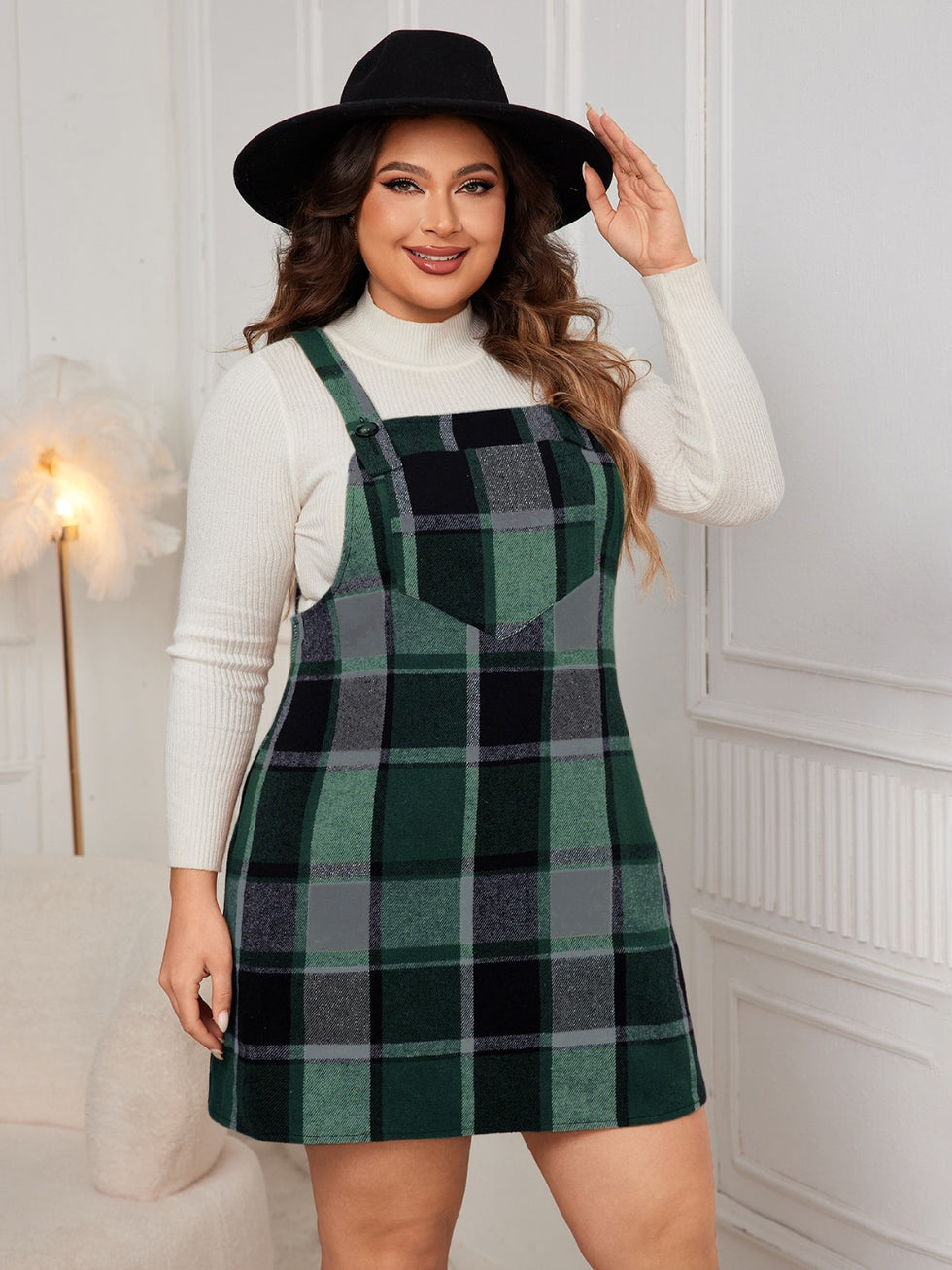 Plus Size Plaid Wide Strap Overall Dress – Charming Charlie