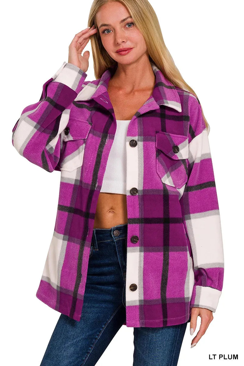 Zenana Oversized Plaid Fleece Shacket – Charming Charlie