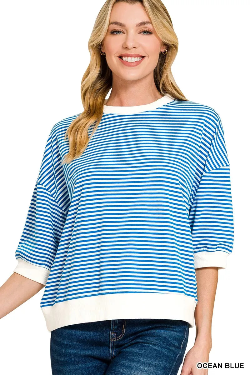 Zenana Striped Contrast Trim Banded Bottom Top – Charming Charlie