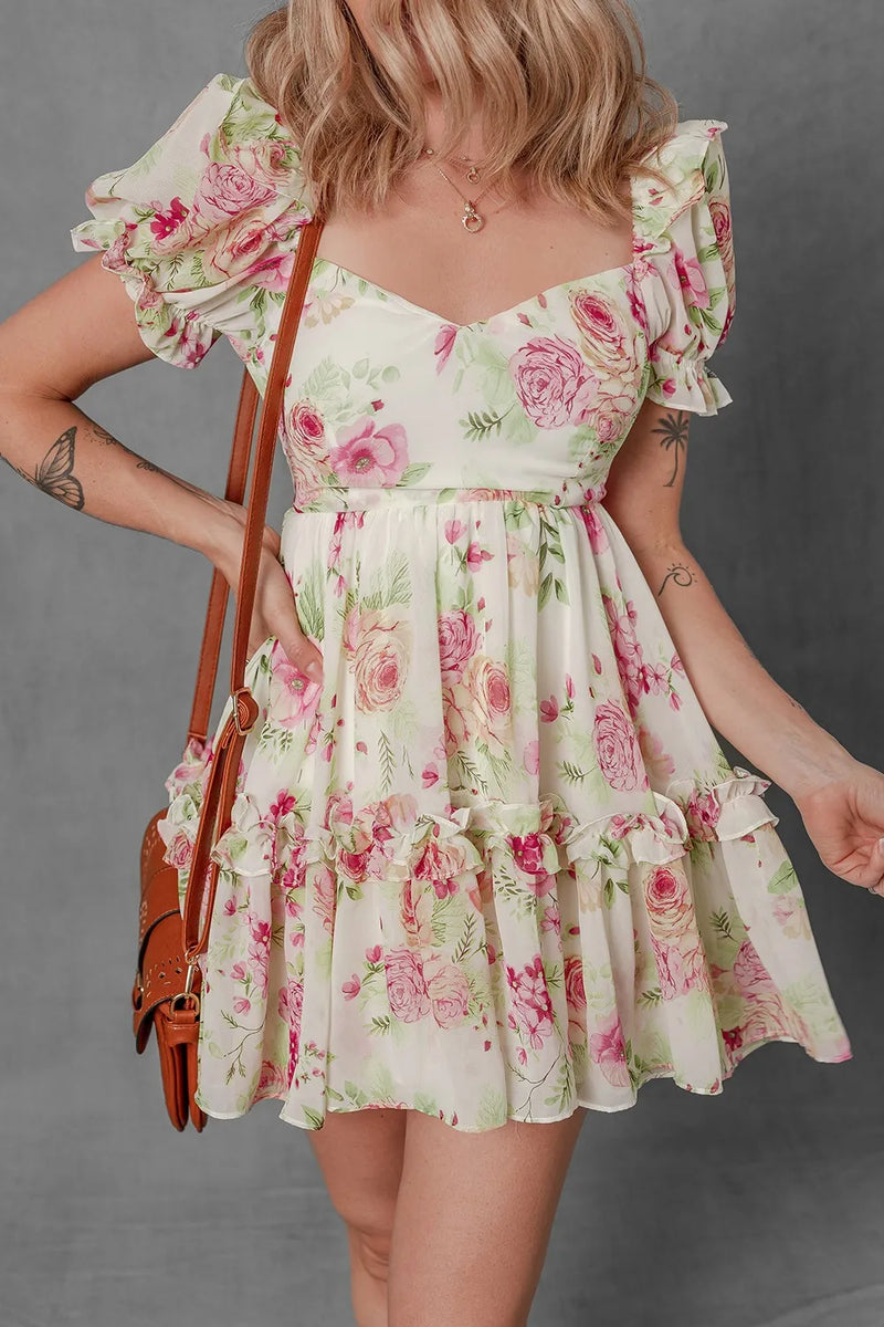 Floral Bubble Sleeve Sweetheart Neck Ruffle Mini Dress – Charming Charlie