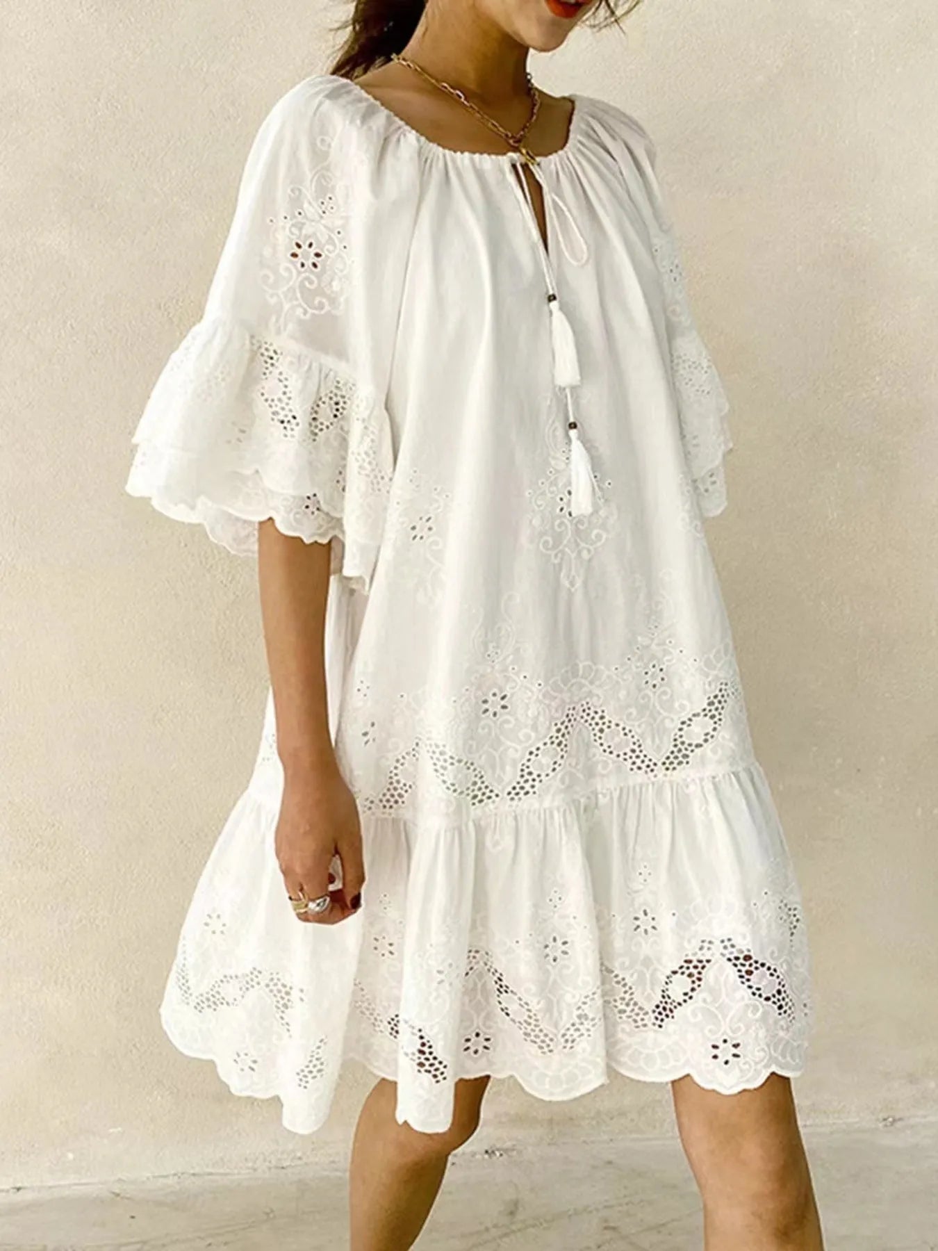 Eyelet Embroidered Tassel Tie Neck Dress – Charming Charlie