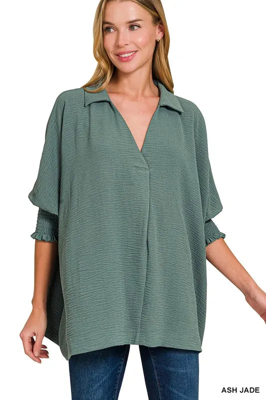 Zenana Airflow Collar Tee with Smocked Sleeve Band Top – Charming Charlie