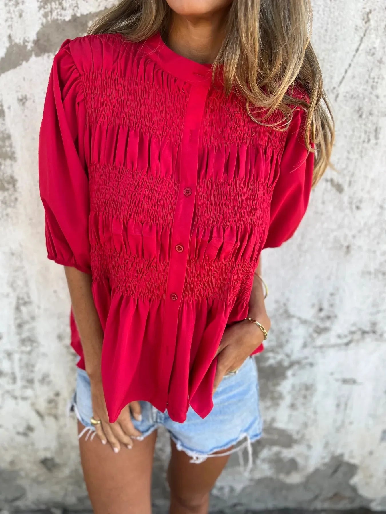 Full Size Smocked Puff Sleeve Blouse Plus Size – Charming Charlie