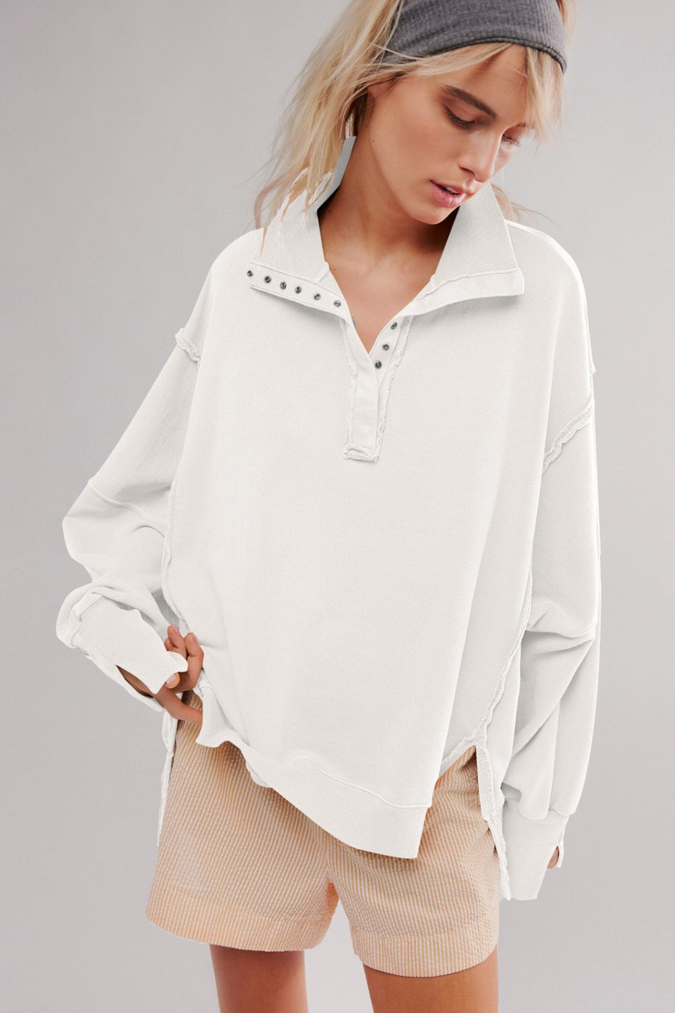 Exposed Seam Side Slit Long Sleeve Sweatshirt – Charming Charlie