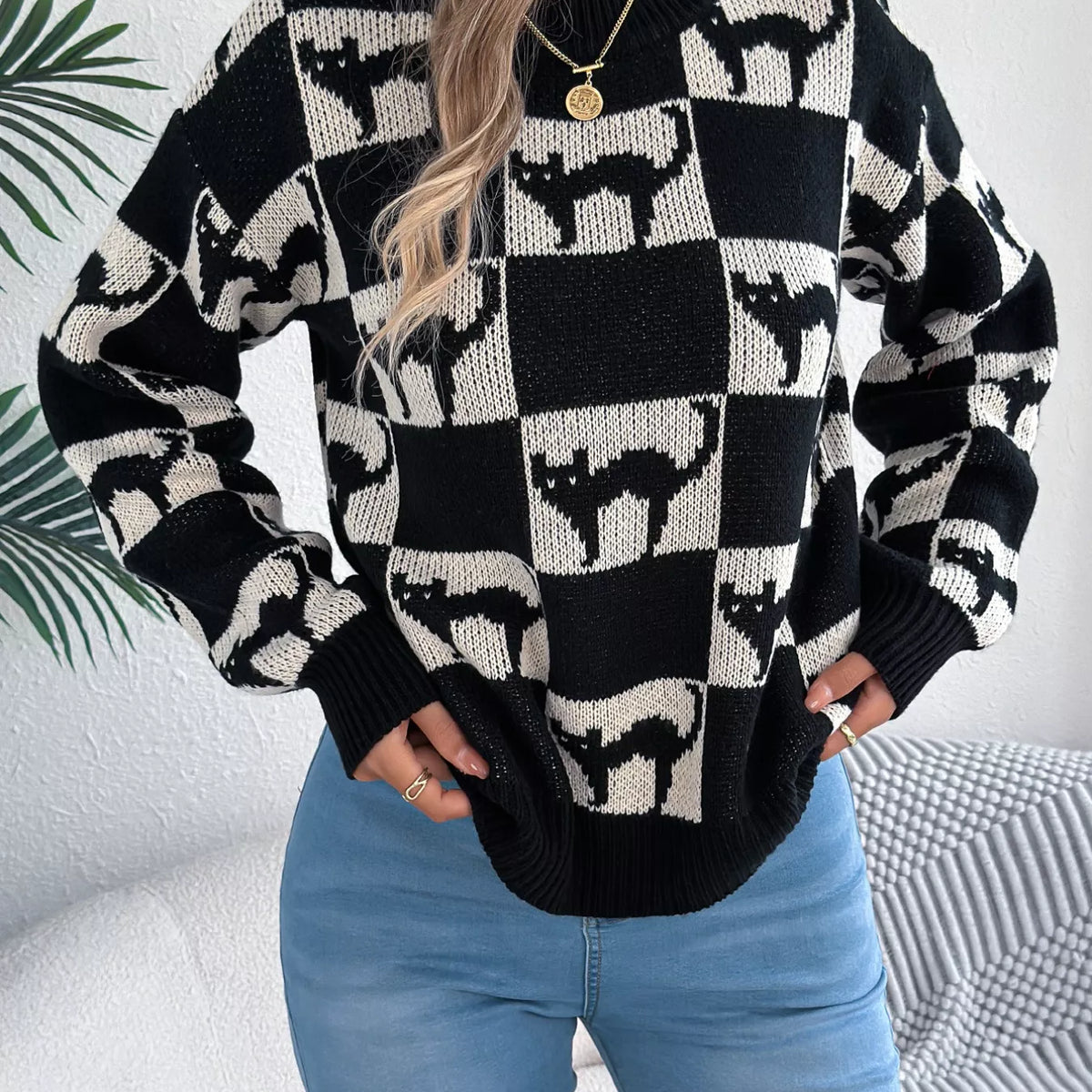 Cozy Cat Checkerboard Pattern Sweater – Charming Charlie