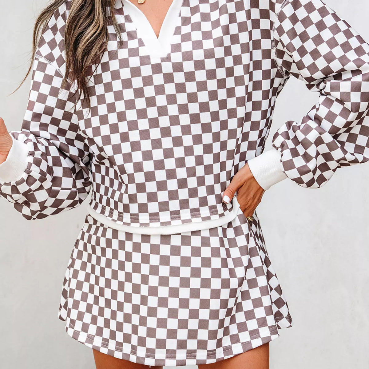 Checkered Print Polo Collar Cropped Long Sleeve Top and Drawstring Min ...