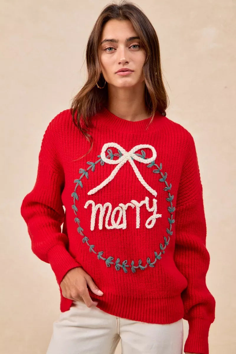 BiBi Christmas Wreath Merry Letter Knit Top – Charming Charlie