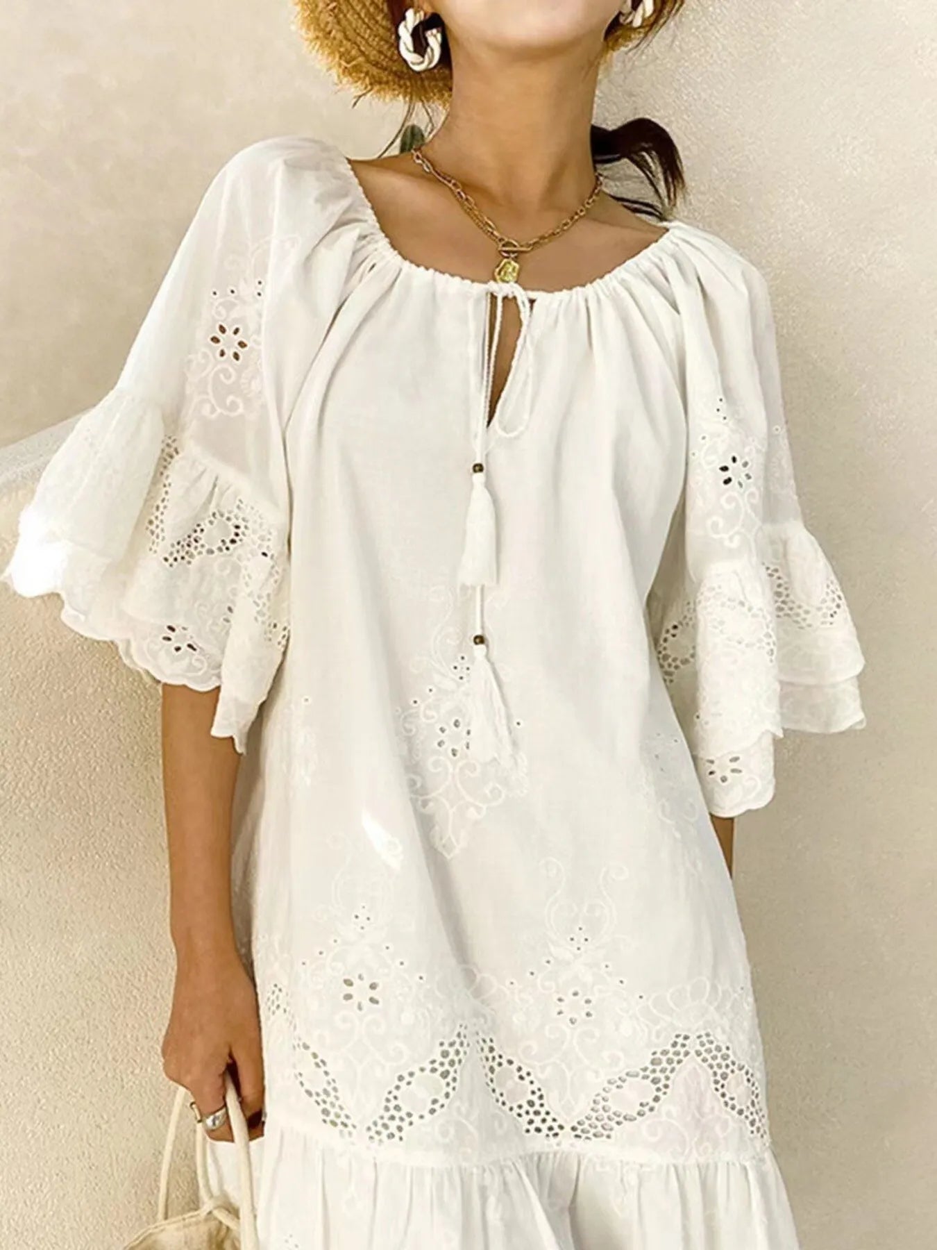 Eyelet Embroidered Tassel Tie Neck Dress – Charming Charlie
