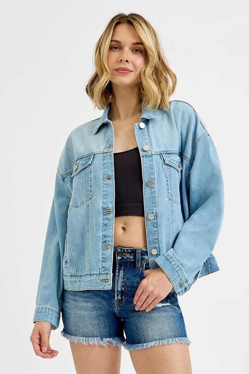 RISEN Washed Dropped Shoulder Denim Jacket – Charming Charlie