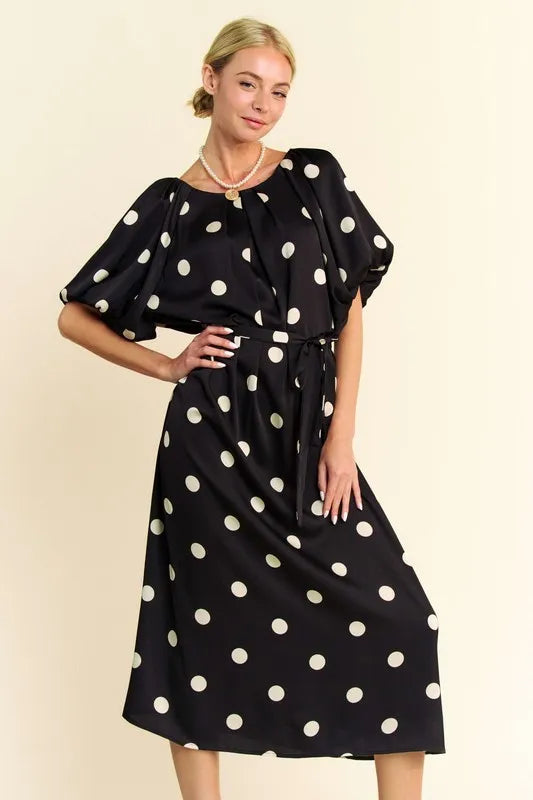 Davi & Dani Polka Dot Puff Sleeves Waist Tie Midi Dress – Charming Charlie