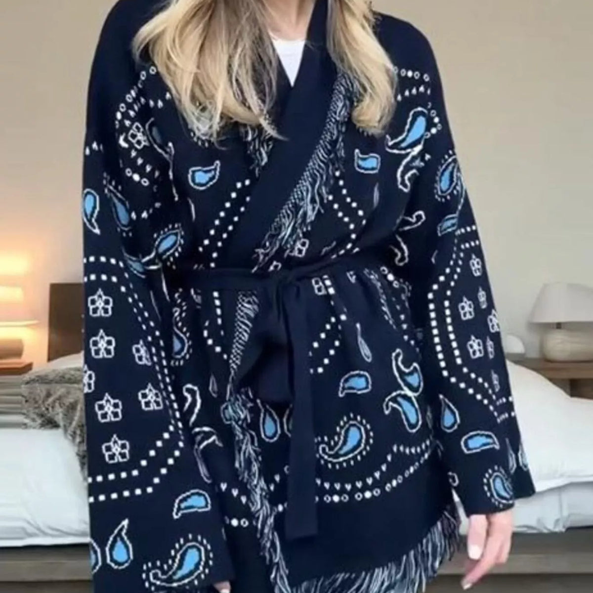 Printed Fringe Long Sleeve Cardigan – Charming Charlie